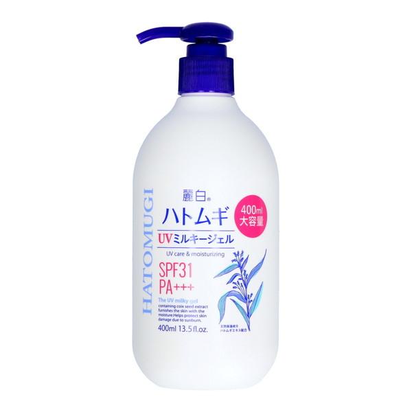熊野油脂 麗白 ハトムギ UV ミルキージェル SPF31 PA+++ ポンプタイプ 大容量 400ml家族みんなで毎日使える。すっと伸びるジェルタイプ。 日焼け止め UVケア 4513574036611 広告文責：アットライフ株式会社TE...