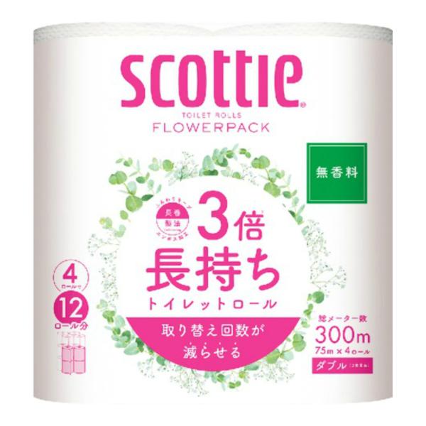 日本製紙 クレシア スコッティ フラワーパック 3倍長持ち トイレットロール ダブル 無香 4ロール４ロールで１２ロール分の長さ トイレロール トイレットペーパー 4901750227364 紙製品:トイレットペーパー:パルプ広告文責：アッ...