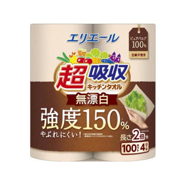 大王製紙 エリエール 超吸収 キッチンタオル 無漂白 100カット 4ロール4902011126488強度１５０％やぶれにくい！■紙製品:キッチンタオル広告文責：アットライフ株式会社TEL 050-3196-1510※商品パッケージは変更の...