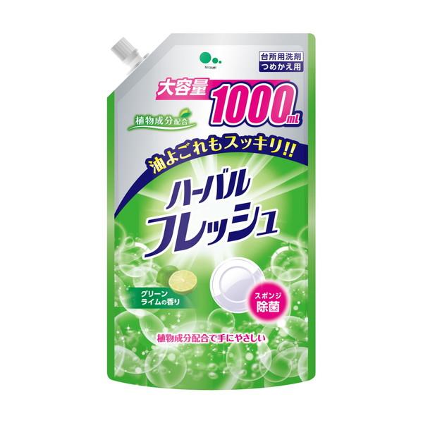 ハーバルフレッシュ グリーンライムの香り つめかえ用 大容量 1000ml 台所用洗剤 ミツエイ4978951040863泡切れが良く、すすぎ簡単。油汚れをスッキリ落とす。■キッチン・お掃除用品:台所洗剤:食器用洗剤広告文責：アットライフ株...