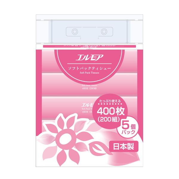 エルモア ソフトパックティシュー ピンク 400枚(200組)×5コパック カミ商事4971633004696ピュアパルプ100%の肌にやさしいソフトなティシュー■紙製品:ティッシュペーパー広告文責：アットライフ株式会社TEL 050-31...