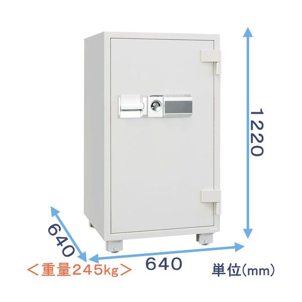 ■基本仕様■型式：テンキー式耐火金庫（DE122）■外寸：幅６４０×奥行き６４０×高さ１２２０ｍｍ■内寸：幅４９３×奥行き４１９×高さ９９３ｍｍ■重量：２４５kg■内容量：２０５Ｌ■カラー：ライトグレー■付属品：鍵２本・引出し用鍵２本・取扱...