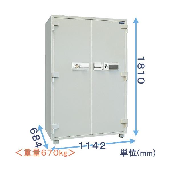 ■基本仕様■型式：テンキー式耐火金庫（ETS1800）■外寸：幅１１４２×奥行き６８４×高さ１８１０ｍｍ■内寸：幅９６２×奥行き４５０×高さ１５５０ｍｍ■重量：６７０Ｋｇ■内容量：６７１Ｌ■カラー：ライトグレー■付属品：鍵２本・引出し用鍵各...
