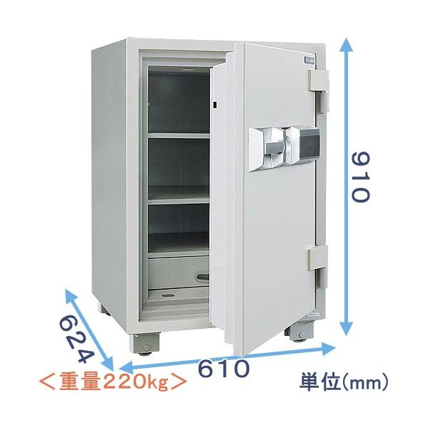 ■基本仕様■型式：テンキー式耐火金庫（ETS90）■外寸：幅６１０×奥行き６２４×高さ９１０ｍｍ■内寸：幅４３０×奥行き３７６×高さ６５０ｍｍ■重量：２２０Ｋｇ■内容量：１０５Ｌ■カラー：ライトグレー■付属品：鍵２本・引出し用鍵２本・取扱説...