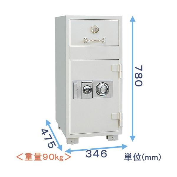 収納物を金庫上部の投入口から投入し金庫下部で保管できる耐火金庫です。投入式耐火金庫は、銀行の夜間金庫のような金庫です。投入された収納物は、投入口から取り出せない仕組みになっているので、24時間安心してご使用いただけます。■基本仕様■型式：投...