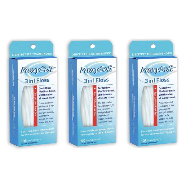 【商品名】　プロキシソフト 3in1レギュラータイプ 100本入 (3個) 【商品説明】　・ソーントンフロスがリニューアル！3in1レギュラータイプは初めての方にオススメです。一箱100本入り 【サイズ】　高さ : 3.40 cm　横幅 :...
