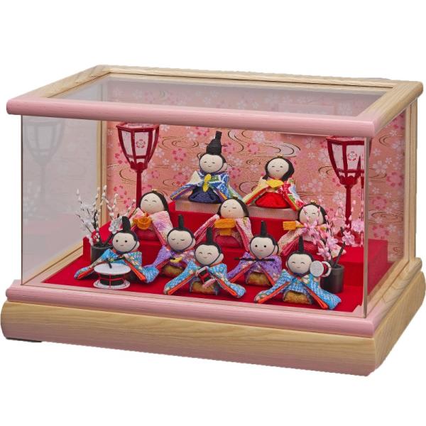 コンパクトな手作りちりめん細工の愛らしい十人飾り雛人形 ケース飾り 夢あそび わらべ 縮緬 十人飾り 幅32cm Wオークアクリルケース 木目10人 ケース入り ひな人形