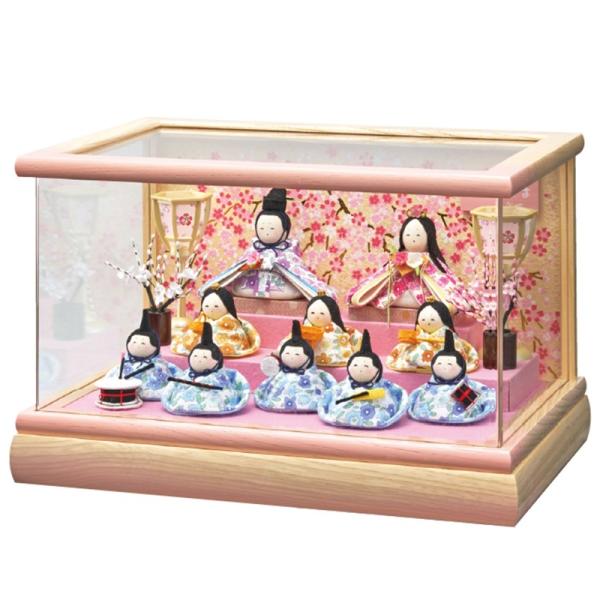 コンパクトな手作りちりめん細工の愛らしい十人飾り雛人形 ケース飾り てまり姫 縮緬 十人飾り 幅32cm Wオークアクリルケース 木目10人 ケース入り ひな人形