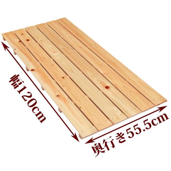 お風呂、玄関、ベランダ、押入れ、倉庫など様々な用途に使用できるすのこです。●商品サイズ(約)：幅120×奥行55.5×高さ4cm●重量(約)：3.8kg●材質：国産ひのき●板幅（約）：85mm●板の厚さ：10mm●板の隙間(約)：9mm関連...