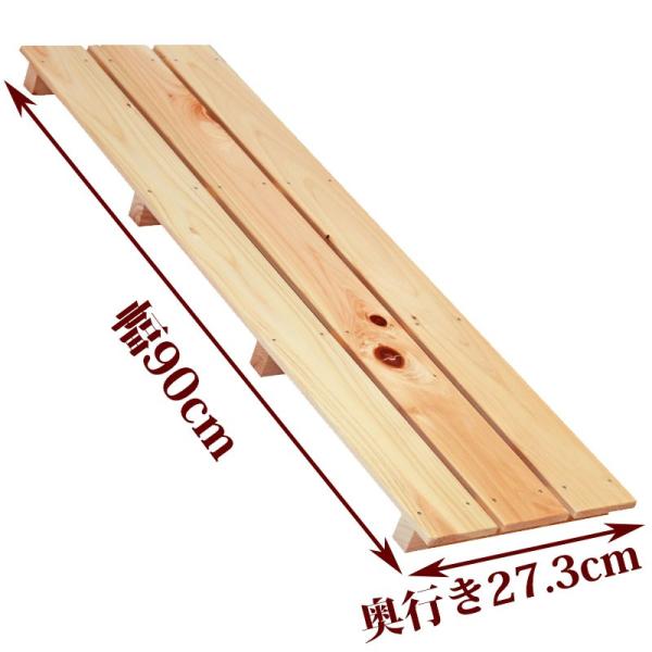 お風呂、玄関、ベランダ、押入れ、倉庫など様々な用途に使用できるすのこです。●商品サイズ(約)：幅90×奥行27.3×高さ4cm●重量(約)：1.4kg●材質：国産ひのき●板幅（約）：85mm●板の厚さ：10mm●板の隙間(約)：9mm関連キ...