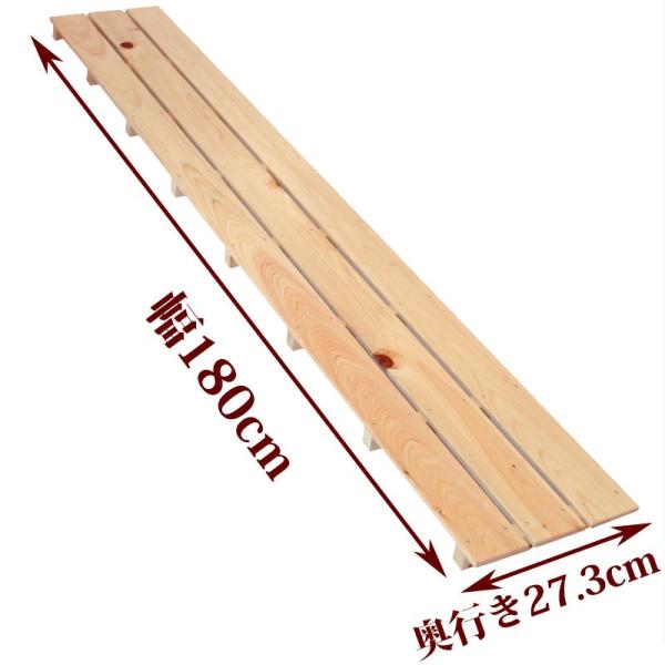 お風呂、玄関、ベランダ、押入れ、倉庫など様々な用途に使用できるすのこです。●商品サイズ(約)：幅180×奥行27.3×高さ4cm●重量(約)：2.7kg●材質：国産ひのき●板幅（約）：85mm●板の厚さ：10mm●板の隙間(約)：9mm関連...