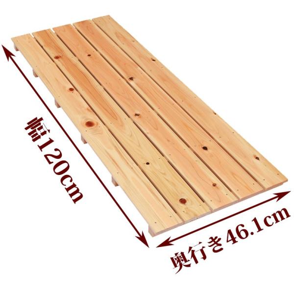 国産ひのきを使用したすのこです。節穴がありますが、強さは通常のものとほとんど変わりません。倉庫などに敷かれる場合は、こちらがお得です。 ひのきの香りと一緒にお届けいたします。●商品サイズ(約)：幅120×奥行46.1×高さ4cm●重量(約)...