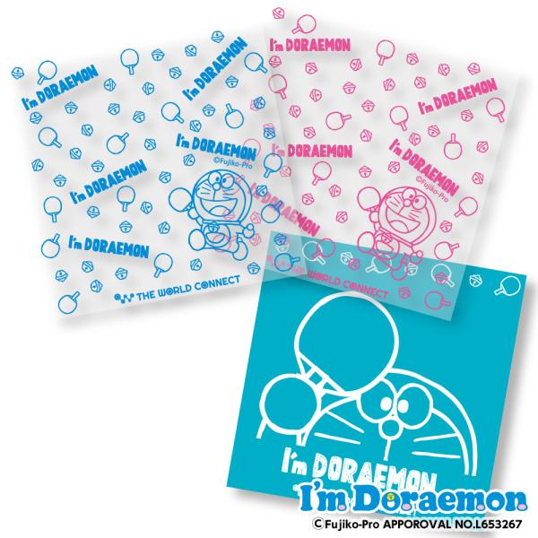 卓球ラバーの保護用粘着シート。商品名：TWC I'm DORAEMON 粘着ラバーシートメーカー：THE WORLD CONNECT数量：３種６枚入り原産国：中国