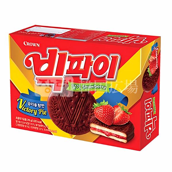 [名称]　お菓子[原材料名]　小麦粉、水飴、砂糖、イチゴ濃縮液、植物性油脂、ショートニング、ココアパウダー、カカオメス、穀類加工品、製剤塩 / pH調整剤、乳化剤、香料（ミルク香、バニラ香、バニリン）、着色料（ベリー色素）、酵素剤、（一部小...