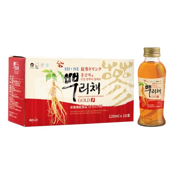 人参ドリンク（人参根入りゴールド）製品情報人参一株を丸ごと使用し、活力あふれる毎日をサポートする健康ドリンク[名称] 清涼飲料[原材料名] 粗糖、高麗人参、食塩、ハーブエキス／pH調整剤、香料、甘味料（カンゾウ）、ビタミンB1、ナイアシン、...