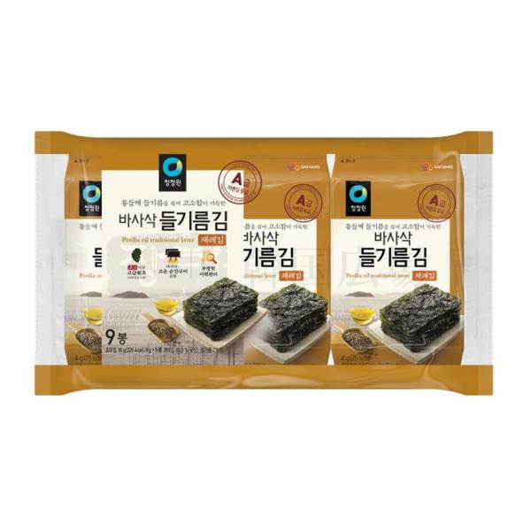 [名称]　味付けのり[原材料名]　乾のり（韓国産）、コーン油、えごま油、食塩、ごま油/調味料（アミノ酸等）、酸化防止剤（ローズマリー抽出物、茶抽出物）、（一部にごまを含む）[内容量]　9切8枚（4g）×9袋[賞味期限]　別途記載[原産国名]...