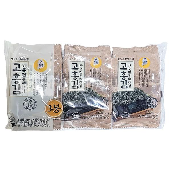 [名称]　味付けのり[原材料]　乾のり(韓国産)、コーン油、えごま油、食塩/酸化防止剤（ローズマリー抽出物、チャ抽出物）、（一部にごまを含む）[内容量]　8切X8枚X3パック（板のり3枚）[賞味期限]　内袋表面上部に記載[保存方法]　直射日...