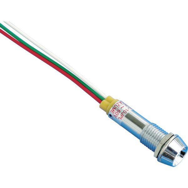 ・抵抗器内蔵の超高輝度LED表示灯です。・赤・緑の2色発光となります。・200mmのリード線付です。・使用電圧範囲がDC5〜60VのDC専用フリー電源仕様です。・通電表示や警告表示などに。・レンズ色：透明・発光色：赤・緑・定格電圧(V)：D...