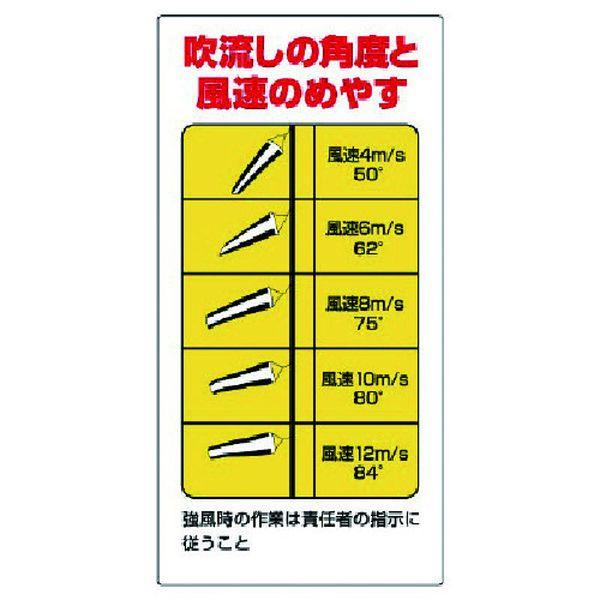 ・吹流しの角度、風速目安が記載された標識です。・吹流し(372-31A)用の目安に。・表示内容：吹流しの角度と風速のめやす・取付仕様：ビス止め・縦(mm)：600・横(mm)：300・厚さ(mm)：1・摘要：穴4スミ・再生ポリプロピレン(エ...