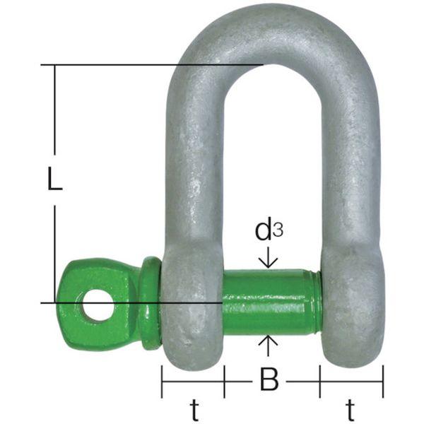 ・溶融亜鉛メッキを施した軽量でコンパクトなシャックルです。・荷役作業、多目的連結金具として。・基本使用荷重(t)：0.33・タイプ：ねじ込みタイプ・寸法(mm)B：8・寸法(mm)t：5・寸法(mm)d3：6・寸法(mm)D：12・寸法(m...