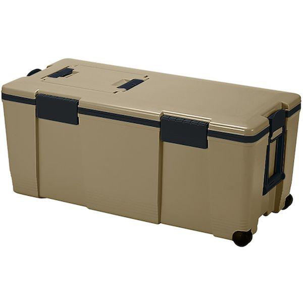・密閉度を配慮したバックル設計の為、クーラー内の冷気をガードします。・付属で肩掛けベルト付です。・蓋に両開き小窓付きで出し入れ可能・水抜き栓付き・キャスター付き・トレーにもなるメッシュ仕切り板付き・色：サンドベージュ・幅(mm)：410・奥...