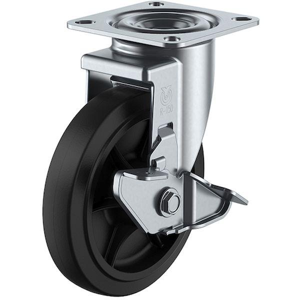 ・取付ピッチが自在、自在ストッパー付、固定式共に同一です。・走行性に優れたゴム車輪を使用しています。・ロールボックスパレット、台車。・車輪径D(mm)：125・タイプ：自在式(ストッパー付)・許容荷重(daN)：150・許容荷重(kgf)：...