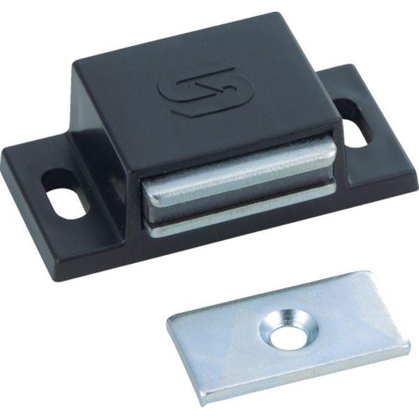 ・シンプル構造で汎用性の高いマグネットキャッチです。・色：黒・全長(mm)：40・吸着力(N)：25・取付ピッチ(mm)：31・幅(mm)：19+(2.2)・厚さ(mm)：12.5・受座有無：有・受板用推奨ねじ：2.4mm・本体取付穴寸法：...