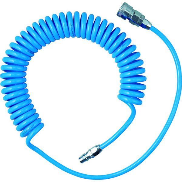 ・高弾性のポリウレタン樹脂チューブをスパイラル加工した製品のため、折れぐせがつきにくく優れたばね特性をもっています。・カップリング付きのためエア工具との脱着がスムーズです。・耐摩耗性、耐久性に優れています。・コイル径(mm)：42・色：青・...