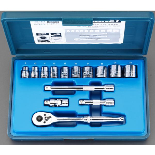 ●(セット内容)…14点●差込角…3/8"●ソケット(6角)…8・10・11・12・13・14・17・19・21・22mm●エクステンションバー…75mm・150mm●ラチェットハンドル…202mmユニバーサルジョイントEA617CC-50...