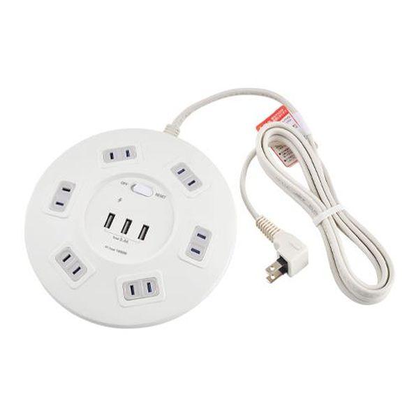 ●サイズ…φ165×32.9mm●コード長…2m●使用温度範囲…−10℃〜40℃●プラグ…2P（L型）●AC差込口●定格…14A・100V（1400W）●コンセント…2P×6口●USBポート●USB出力…DC5V・3.4A（1ポート最大2....