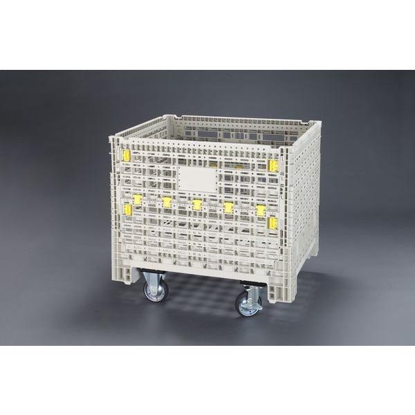 積載荷重：500kgコンテナサイズ：1200×1020×950(H)mm重量(kg)：66.7材質：特殊超強化PP折りたたみ式車輪径：φ150mm(ゴム車)車輪：固定×2、自在×2(ストッパー付)両面が半開します。入数：1台EA985R-1...