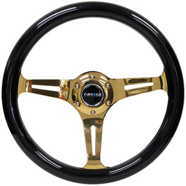 NRG Classic Wood Grain Steering Wheel (350mm) Black Grip w/Chrome Gold 3-Spoke Centerメーカー：NRGメーカー品番：ST-015CG-BK・掲載画像は、カタ...