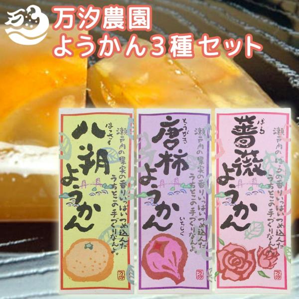 尾道の観光農園で作った自然な味わいのフルーツようかんです。定番と人気の3種をセットにしました。瀬戸内の日差しを浴びて育ったフルーツをふんだんに使いました。万汐農園おすすめのお菓子です。