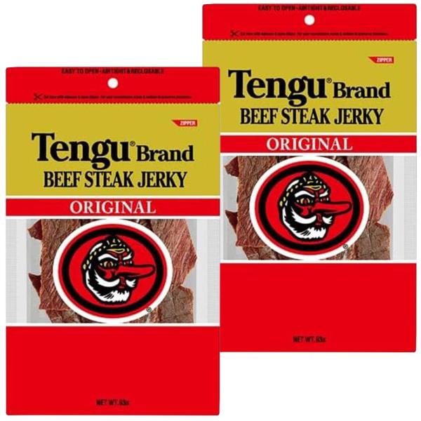 テングブランドのビーフジャーキーは厳選された牛肉を使用し、しょうゆをベースにした味付けになっています。※日本語がパッケージにプリントされています「テング ビーフステーキジャーキー レギュラー」は「テング ビーフステーキジャーキー オリジナル...