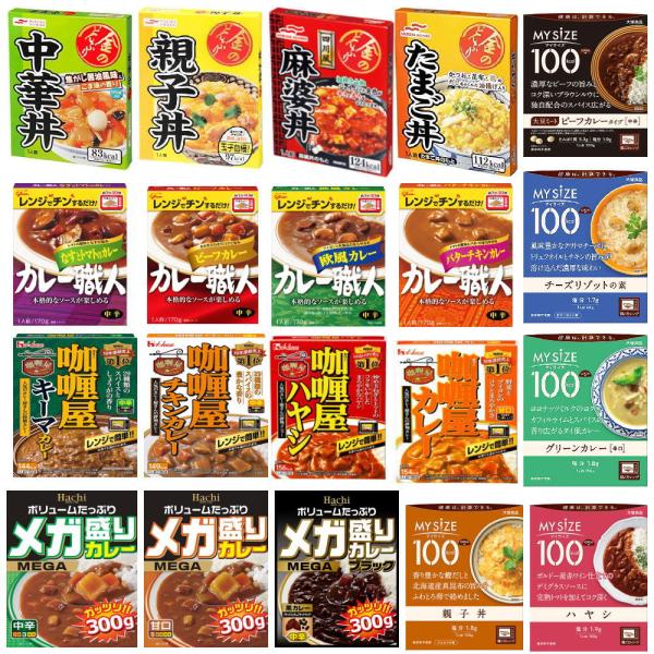 コストパフォーマンス満点のレトルト食品、カレー、丼の素、などのレンチンタイプ。3分ほどで用意OK。即食べられます。時間のない方に最適なセット。賞味期限も長いので安心して保管いただけます。【内　容】グリコ「カレー職人」、ハウス食品「カリー屋カ...