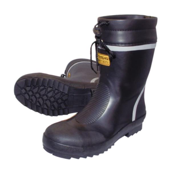 ●品質：表/総ゴム●裏/ポリエステル100%（抗菌加工）●サイズ：24.0〜27.0　28.0　29.0●カラー：黒xグレーライン●仕様：ショートタイプ（高/22cm） 　 JIS（S級）適合鋼製先芯入●ロットによって、カバーのラインの位置...