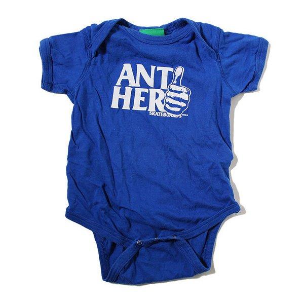 ■SF産ハードコアスケートブランド！！Antihero(アンタイヒーロー)の珍しい赤ちゃんロンパース(古着)です。大きなダメージ等はございませんが、色褪せ、毛羽立ち、ある程度の使用感はあります。洗濯の為、サイズは一回り縮んでいるかと思います...