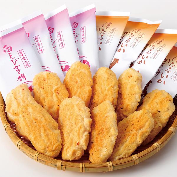 富山湾の幸おかき富山湾の深海に生息する白えびとほたるいかを使用し、サクッとした食感のおかきです。【内容量・重量】40袋（白えびかき餅20袋、ほたるいかかき餅20袋）【保存・賞味期限】常温120日【アレルギー】エビ【備考】※こちらの商品は出荷...