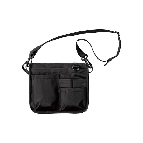 消毒用アルコールボトルが入る便利なオーガナイザー。沢山のナースツールを収納でき、取り出しやすい仕様です。5つのポケットですっきり収納が可能です。使い方自由自在なリングとストラップ付きです。ショルダーとウエストの２Way仕様です。