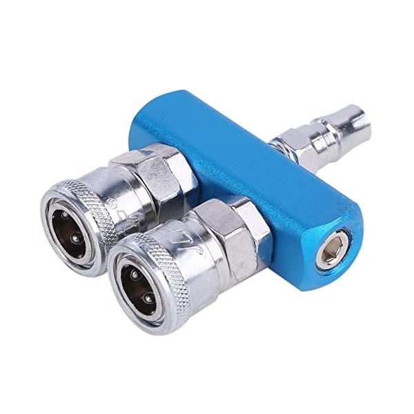 【製品仕様】材質：アルミ、重さ（約）：192g、セット内容：2連分岐エアーカプラー、1/4オスカプラー【規格】タイプ：2連、使用圧力：1MPa（10.2kgf / cm2）【用途】空気配管と空気圧ツール、自動車産業、空気圧縮機、機械工学など...