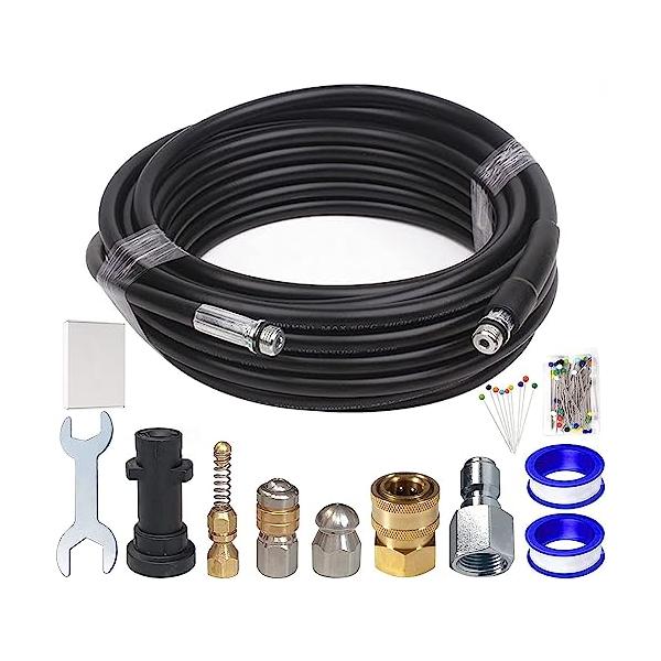 【製品パラメータ】長さ10M 内径6mm 外径12mm 重量：1kg 耐熱 : 60℃ 最大圧力：40MPa(5800PSI)　パッケージ内容：10m延長用の高圧ホース*1、ノズル*3（逆噴射ノズル*1、ロータリー逆噴射ノズル*1、スプリン...