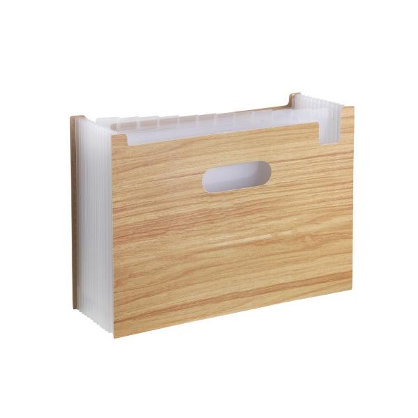 木目調の収納スタンド・置いた瞬間インテリアになじみます・書類の収納量に合わせて収縮・A4クリアファイルがそのままはいるゆったりワイド設計・書類整理に便利なラベル付きA4ワイドヨコ12仕切り13ポケットサイズ 縦236×横330奥行20-300mm