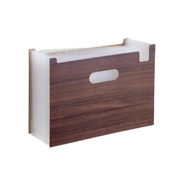 木目調の収納スタンド・置いた瞬間インテリアになじみます・書類の収納量に合わせて収縮・A4クリアファイルがそのままはいるゆったりワイド設計・書類整理に便利なラベル付きA4ワイドヨコ12仕切り13ポケットサイズ 縦236×横330奥行20-300mm