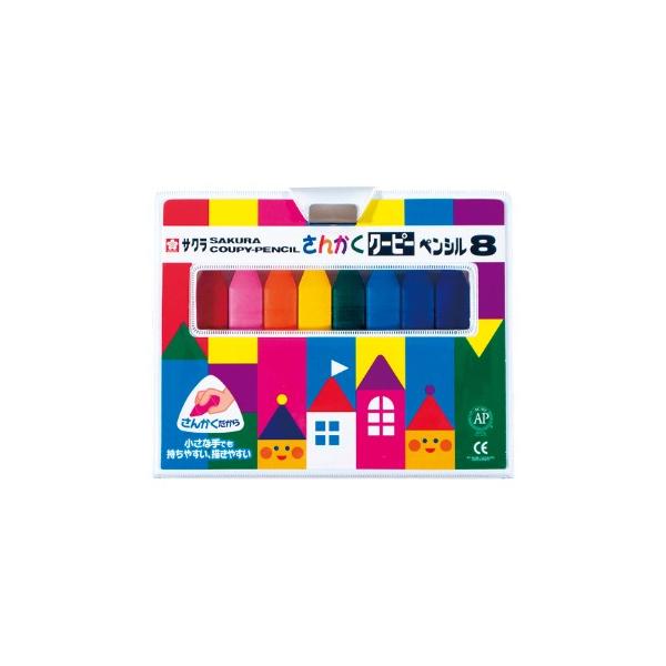 ●小さな子どもでも握りやすく、正しい持ち方も身に付く三角軸。●折れにくく、滑らかな書き味。●仕様：８色●欧州玩具安全規格（ＥＮ７１）、米国国家規格（ＡＮＳＩ）に適合●セット色：きいろ，だいだいいろ，あか，ももいろ，むらさき，みどり，あお，みずいろ