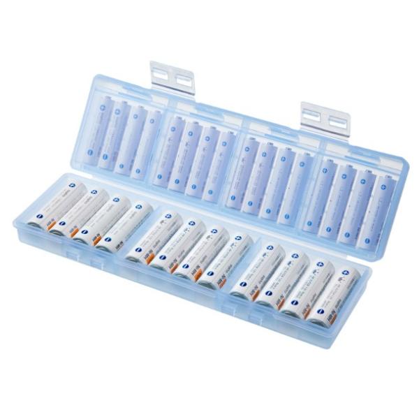 単三・単四乾電池の両方の収納に対応した電池ケースです。電池は4本ずつに分けて収納できるので管理に便利です。充電式電池、未使用乾電池の整理や保管に最適な大容量タイプです。スタッキングした際にケースがずれにくい設計です。軽くて割れにくいPP（ポ...