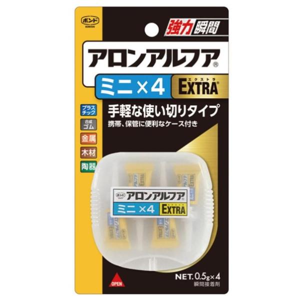 ●スピードと汎用性を両立した高性能接着剤。●携帯に便利。規格(サイズ・容量)：０．５ｇ×４●入数：4本●成分：シアノアクリレート系