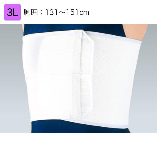 胸部の圧迫・固定に。●ズレを防ぎ、フィット性を高める伸縮部2分割構造で圧迫力の調節も可能です。●装着補助フックにより、脱着を容易にします。●面ファスナー部に軟性プラスチック板を内蔵し、伸縮部のねじれやシワを防ぎます。 サイズ3L適用範囲（胸...