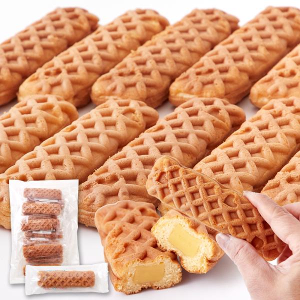【クリームinスティックワッフル 10本入×5個セット】ふわっとしたワッフル生地にカスタード風味クリームがたまらない！■甘さ控えめのクリームをワッフル生地で包んだ！ふわっとした生地となめらかで甘すぎないなめらかクリーム。■国内の工場で製造昭...
