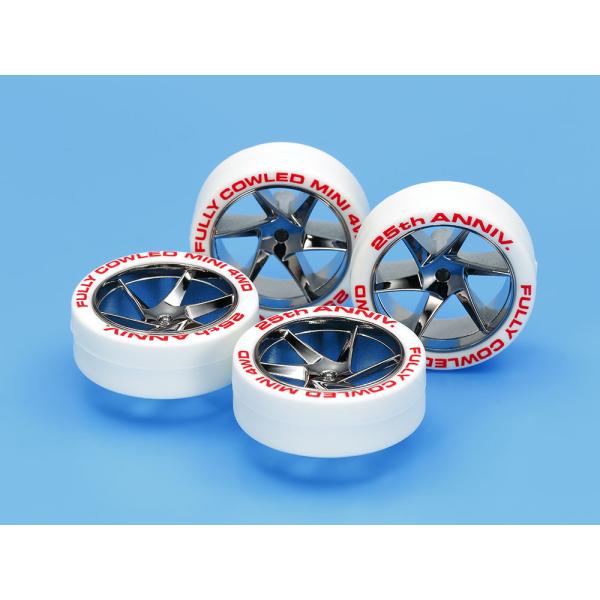 タミヤ ミニ四駆限定販売商品（パーツ） フルカウルミニ四駆25周年記念 ホワイトタイヤ&amp;ブラックメッキホイール 95115