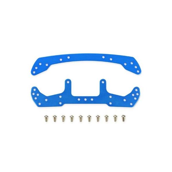 ミニ四駆特別企画（パーツ）ジュラルミン ワイドステーF・R （ブルー）DURALUMIN WIDE F/R PLATE (BLUE)●アルミ材に比べて約2倍の強度を持つジュラルミン製ワイドステ 。 ●フロントは9、13、19mmローラー用、...